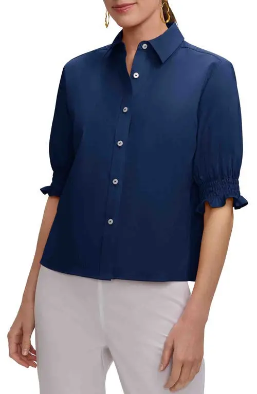 Foxcroft Vivienne Elbow Sleeve Matte Sateen Button-up Shirt - Navy Blue