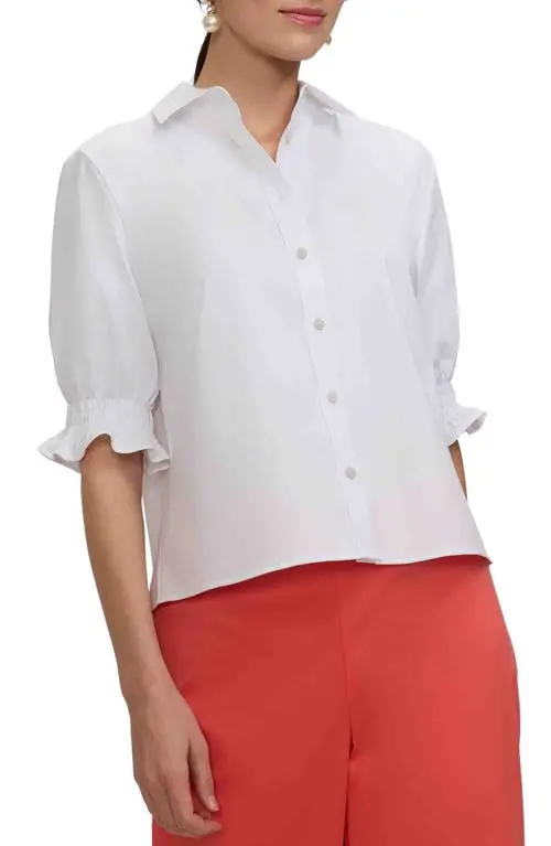 Foxcroft Vivienne Elbow Sleeve Matte Sateen Button-up Shirt - White