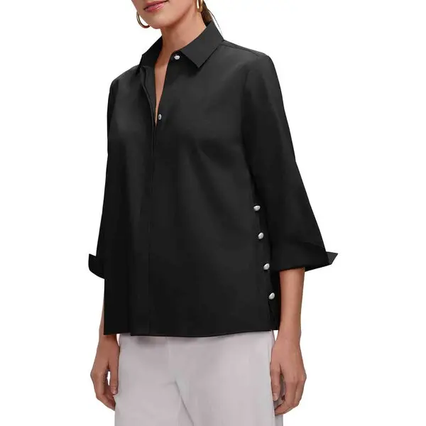 Foxcroft Beatrice Matte Satin Side Button Shirt - Black