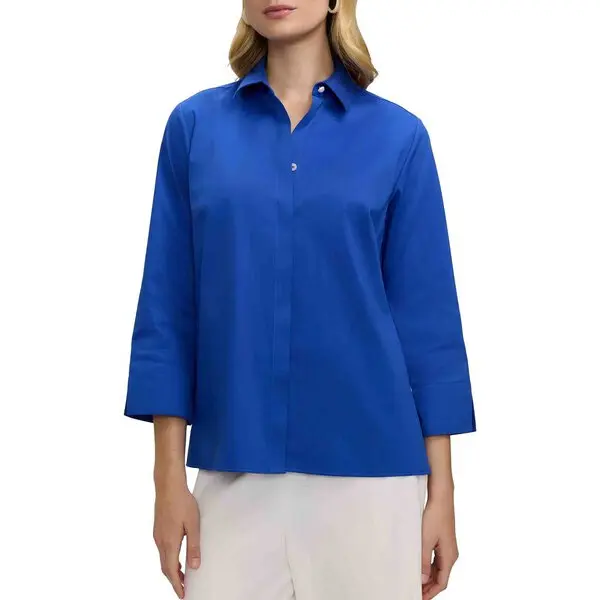 Foxcroft Beatrice Matte Satin Side Button Shirt - Deep Sea Blue