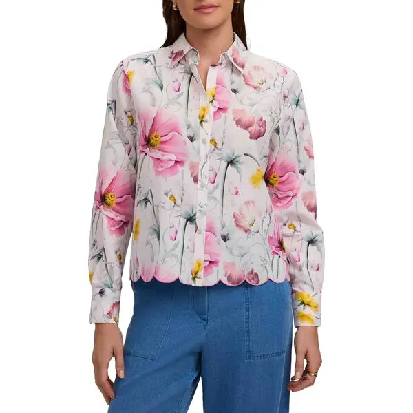 Foxcroft Scarlett Floral Scallop Hem Cotton Button-up Shirt - Pink/multi