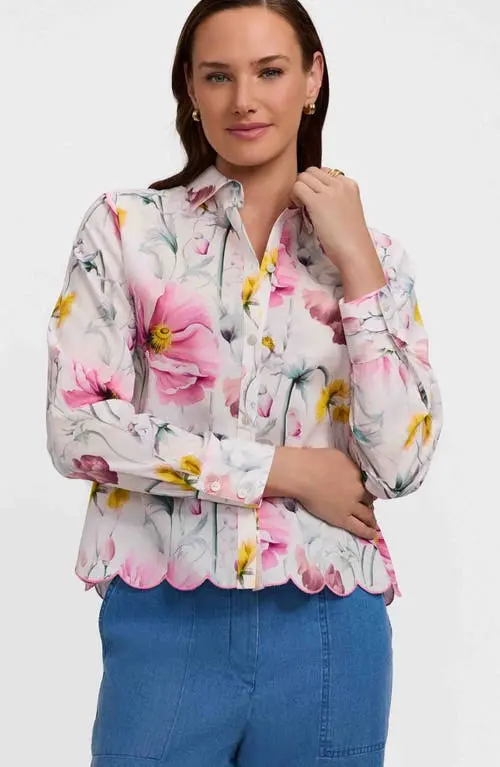 Foxcroft Floral Scallop Hem Button-up Shirt