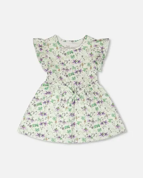 DEUX PAR DEUX Jersey Flutter Sleeves Printed Flowers Dress - Green Floral Print