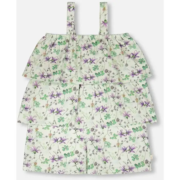 DEUX PAR DEUX Printed Jersey Romper With Tiers - Green Floral Print