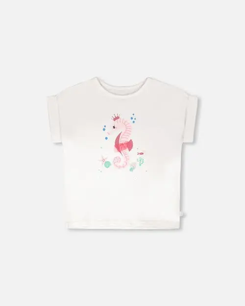 DEUX PAR DEUX Organic Cotton Jersey Short Sleeve Seahorse T-shirt - White