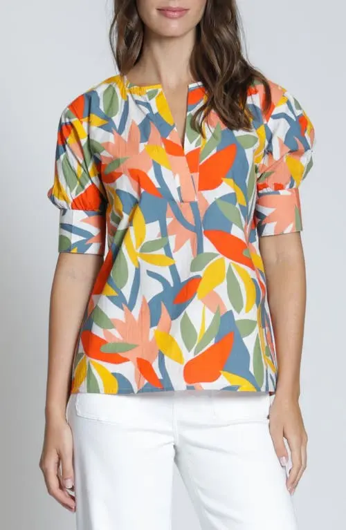 APNY Printed Split Neck Top - Orange Multi