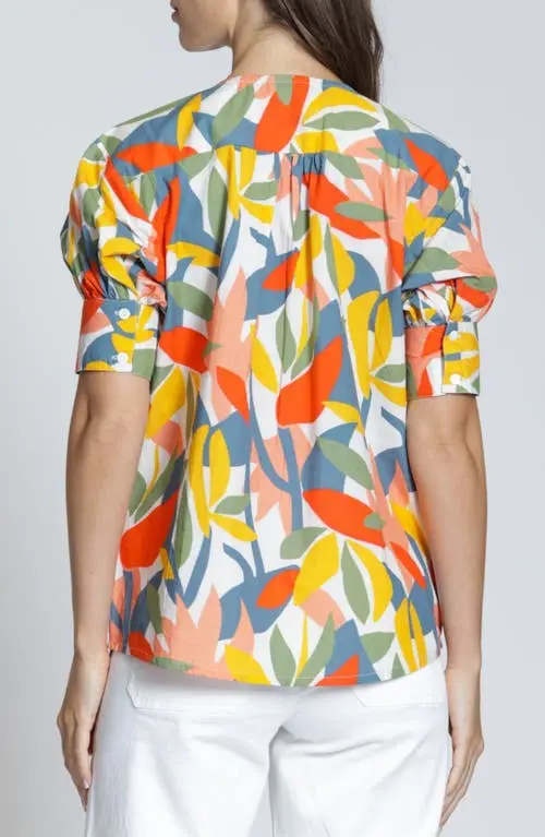 APNY Printed Split Neck Top - Orange Multi