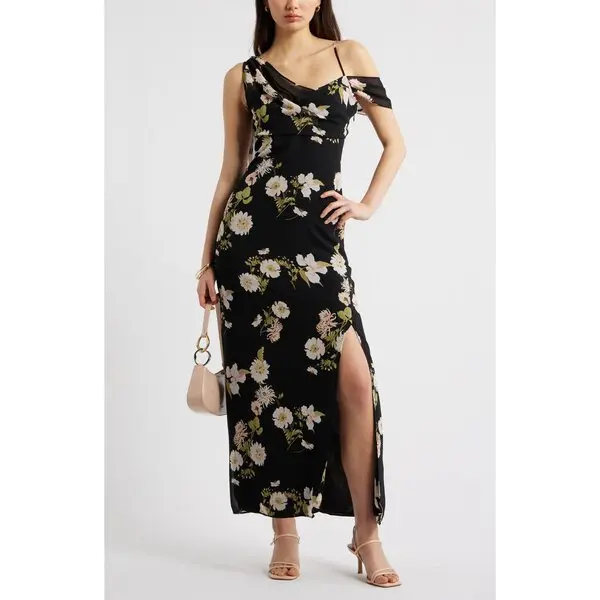 OPEN EDIT Asymmetric Chiffon Dress - Black- Pink Iris Floral