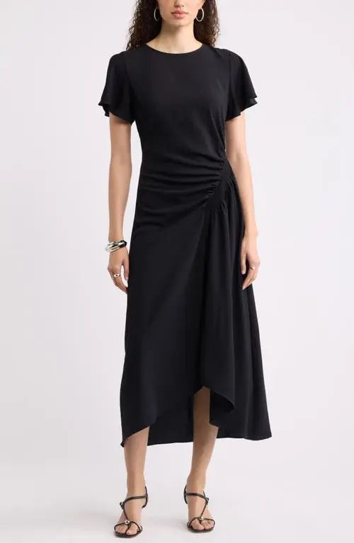 Nordstrom Split Sleeve Side Smocked Midi Dress - Black