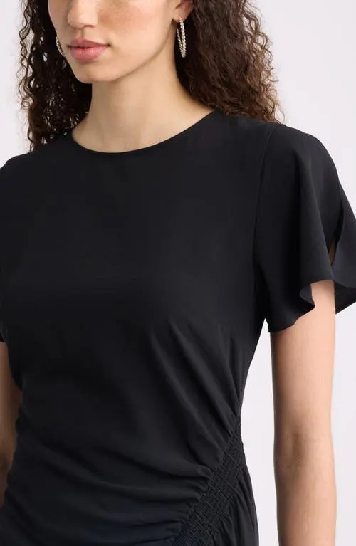Nordstrom Split Sleeve Side Smocked Midi Dress - Black