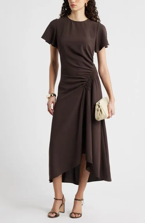 Nordstrom Split Sleeve Side Smocked Midi Dress - Brown Coffee