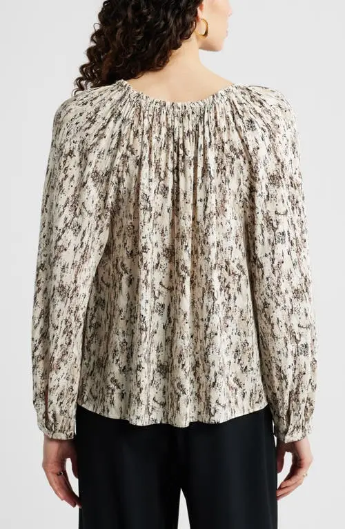Nordstrom Gathered Tie Neck Blouse - Ivory- Brown Textural