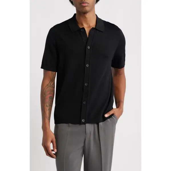 OPEN EDIT Short Sleeve Button-up Silk Cardigan - Black