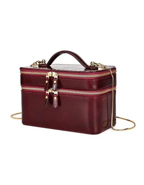 OLD TREND Ixia Genuine Leather Vanity Mini Trunk With Shoulder Chain - Maroon