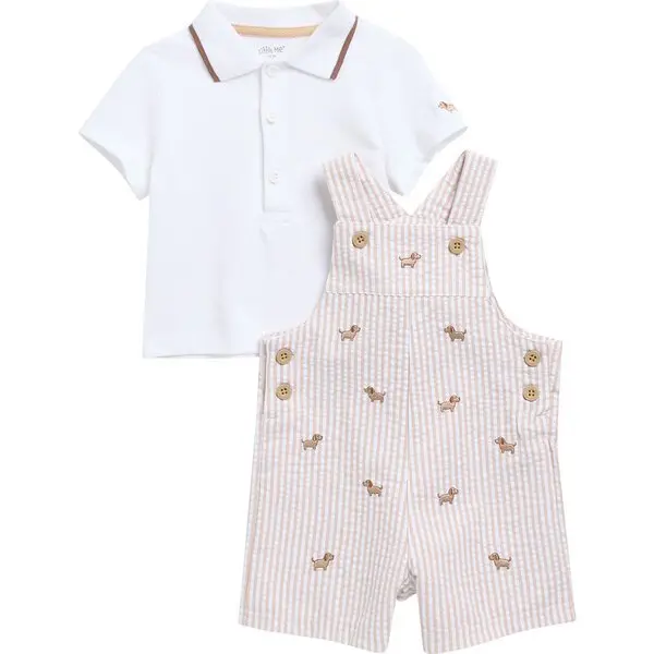 LITTLE ME Puppy Polo & Embroidered Shortalls Set - Tan
