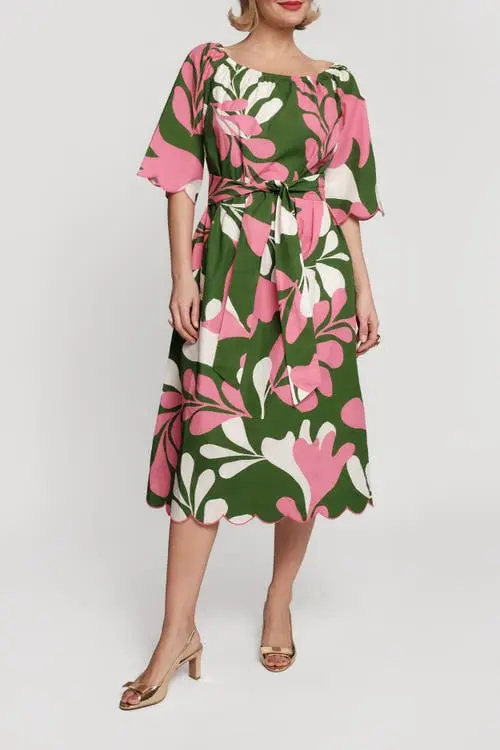 FRANCES VALENTINE Coco Midi Dress In Mid-century Palm Print - Treetop/multi