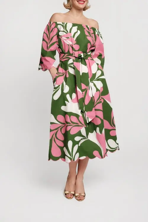 FRANCES VALENTINE Coco Midi Dress In Mid-century Palm Print - Treetop/multi