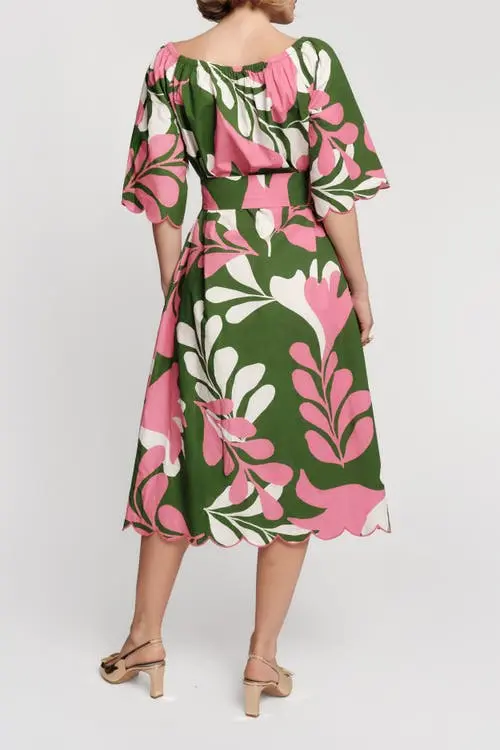 FRANCES VALENTINE Coco Midi Dress In Mid-century Palm Print - Treetop/multi