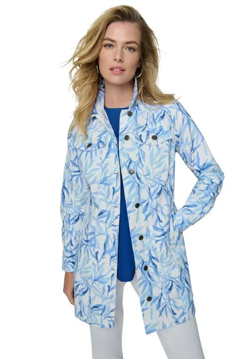 JESSICA LONDON Classic Long Denim Jacket - Blue Watercolor Palms