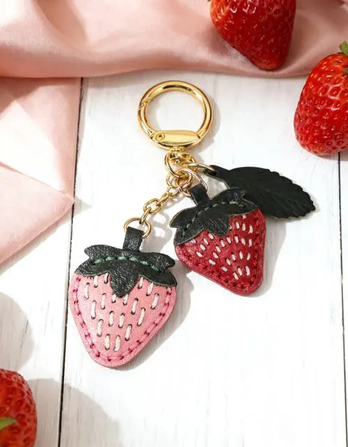 OLD TREND Strawberry Leather Keychain Charm - Blush & Ruby