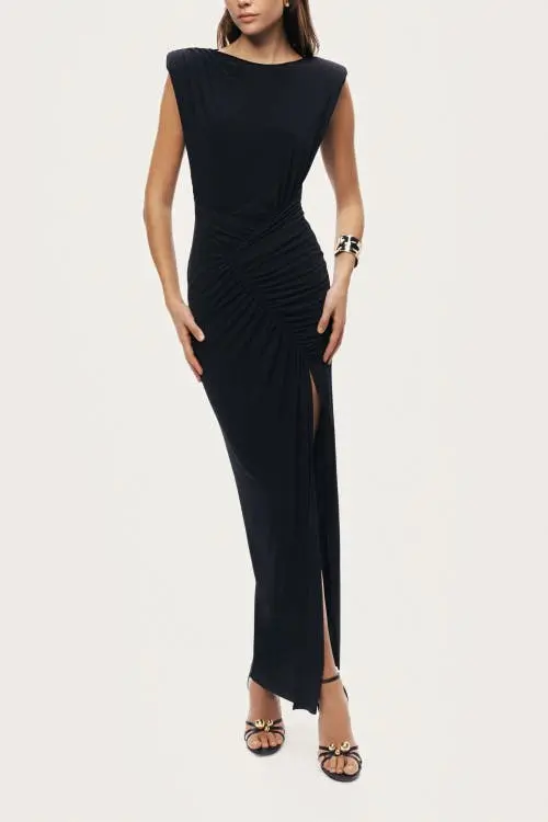 NOCTURNE Ruched Side-slit Maxi Dress - Black