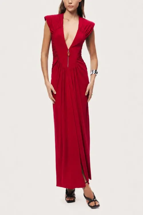 NOCTURNE Ruched Deep V-neck Maxi Dress - Red