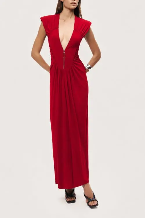 NOCTURNE Ruched Deep V-neck Maxi Dress - Red
