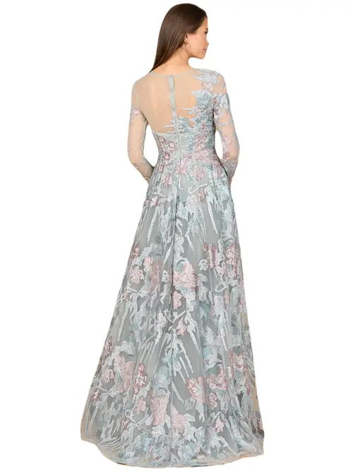 LARA NEW YORK Beaded A-line Gown With Illusion Neckline