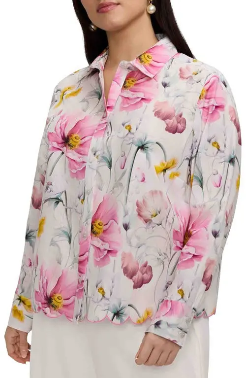 Foxcroft Floral Scallop Hem Cotton Button-up Shirt - Pink/multi