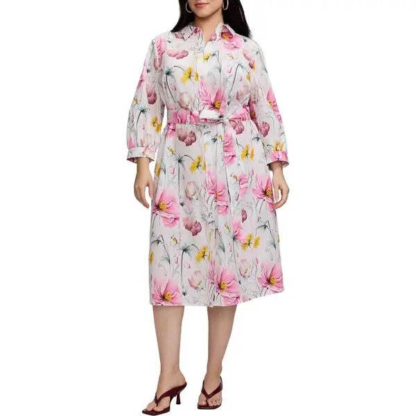 Foxcroft Esther Floral Belted Cotton Shirtdress - Pink/multi