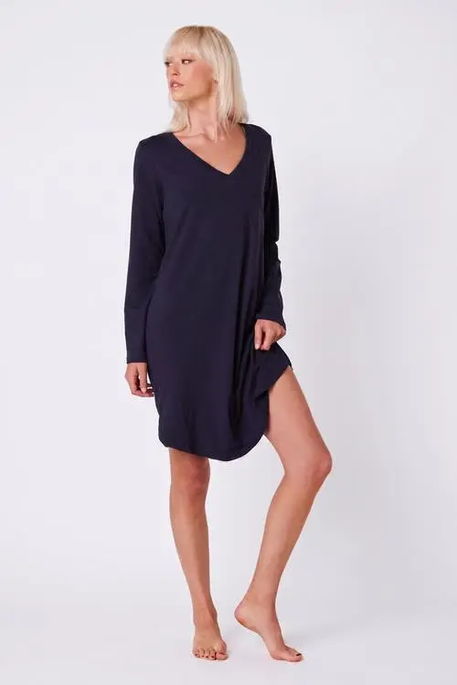 THE CAT'S PAJAMAS Classic Solid Pima Knit Sleep Shirt - Midnight
