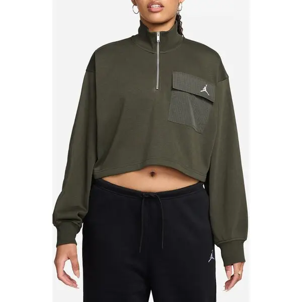 JORDAN Brooklyn Fleece Hike Crop Quarter Zip Top - Cargo Khaki/white