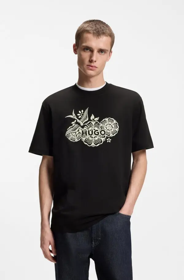 Hugo Cotton-jersey T-shirt With Embroidered Artwork - Black