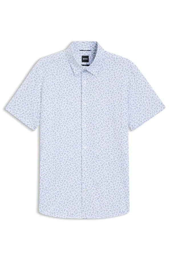 BOSS Printed Slim-fit Shirt In Cotton-blend Jersey - Light Blue