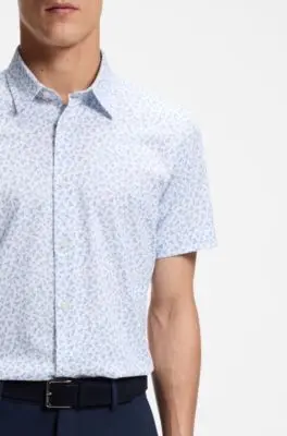 BOSS Printed Slim-fit Shirt In Cotton-blend Jersey - Light Blue