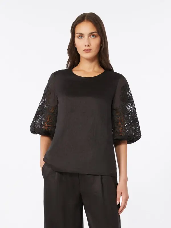 Max Mara Ramie Gauze T-shirt With Broderie Anglaise - Black