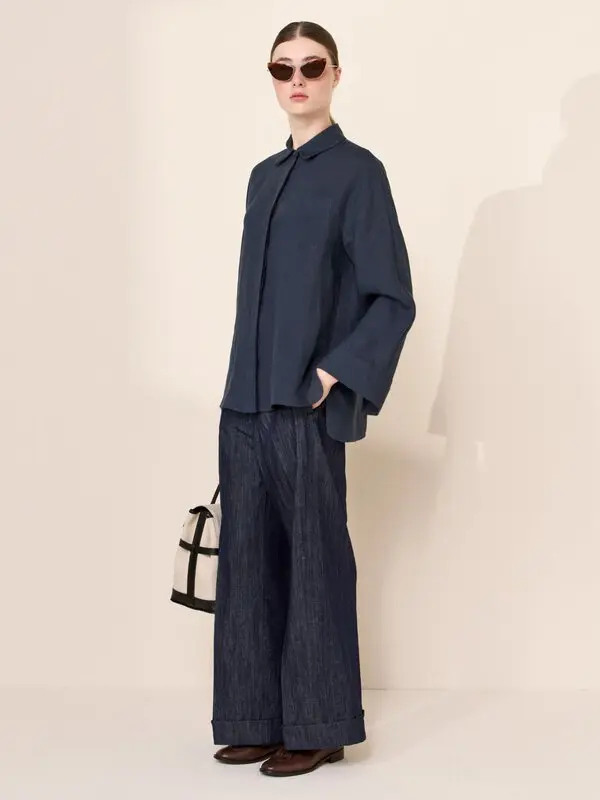Max Mara Cotton And Linen Denim Trousers - Midnightblue