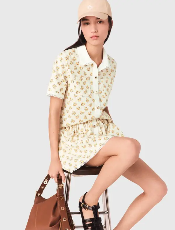 Maje Patterned Lyocell Shirt With Crochet Trim - Yellow Small Flowers Print
