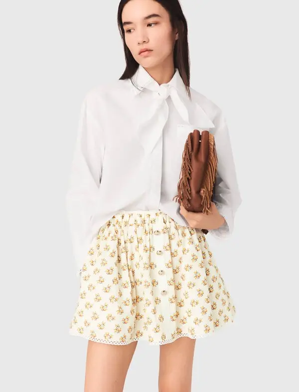 Maje Lyocell Printed Skirt With Lace Trim - Yellow Small Flowers Print