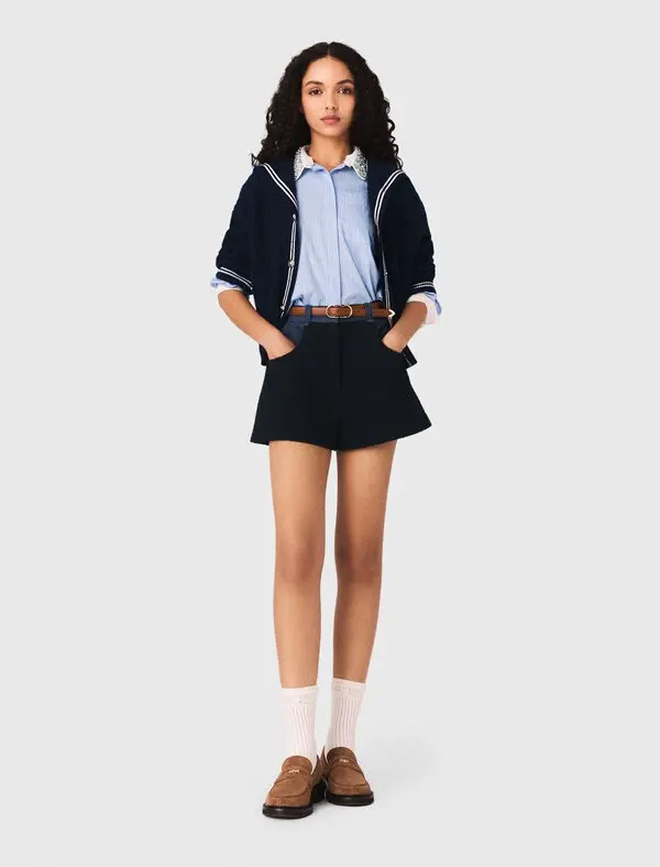 Maje Woman's Polyester Tweed Shorts With Denim Details - Navy