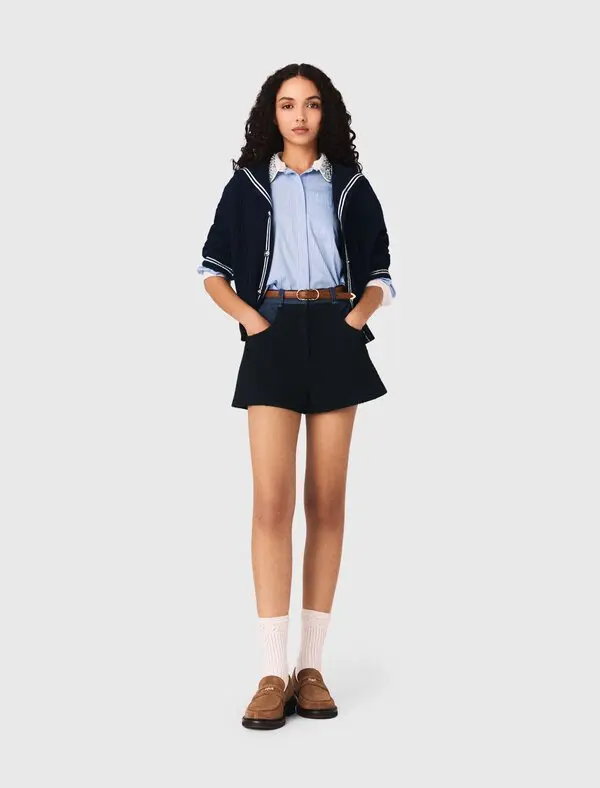 Maje Textured Tweed Shorts With Denim Accents - Navy