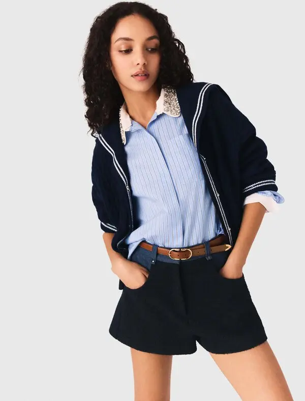 Maje Textured Tweed Shorts With Denim Accents