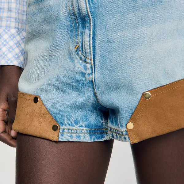Sandro Riveted Denim And Suede Shorts