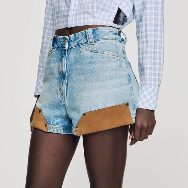 Sandro Riveted Denim And Suede Shorts