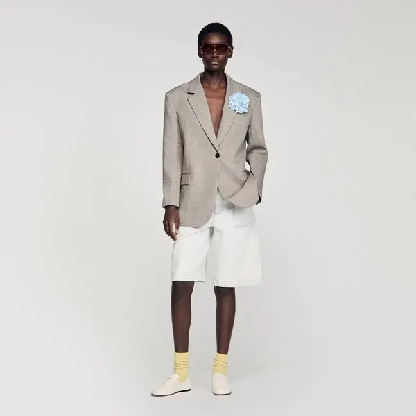 Sandro Checked Wool Suit Jacket With Brooch - Greige