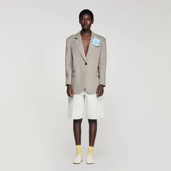 Sandro Checked Wool Suit Jacket With Brooch - Greige