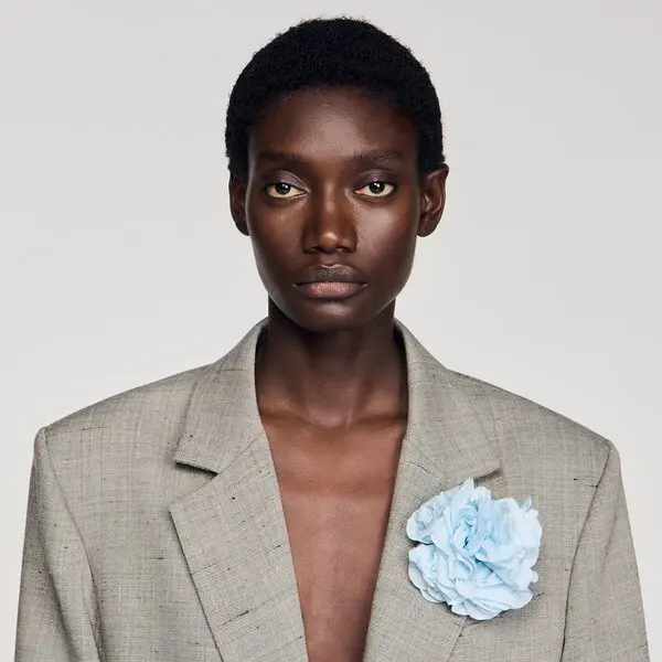 Sandro Checked Wool Suit Jacket With Brooch - Greige