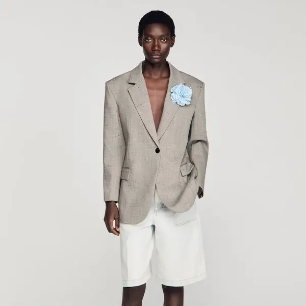 Sandro Checked Wool Suit Jacket With Brooch - Greige