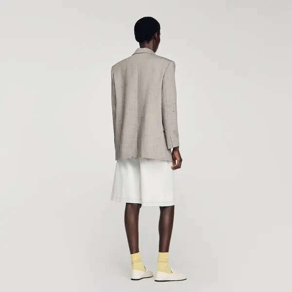 Sandro Checked Wool Suit Jacket With Brooch - Greige