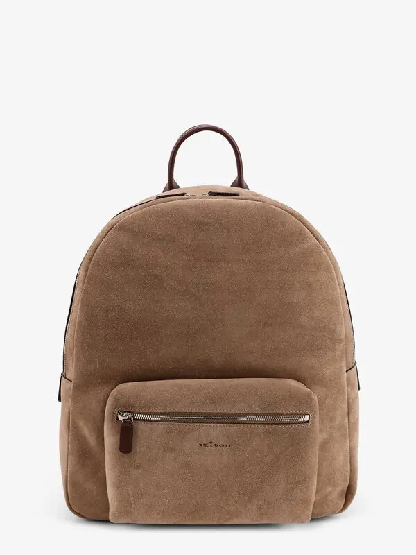 Kiton Suede Backpack With Logo - Beige
